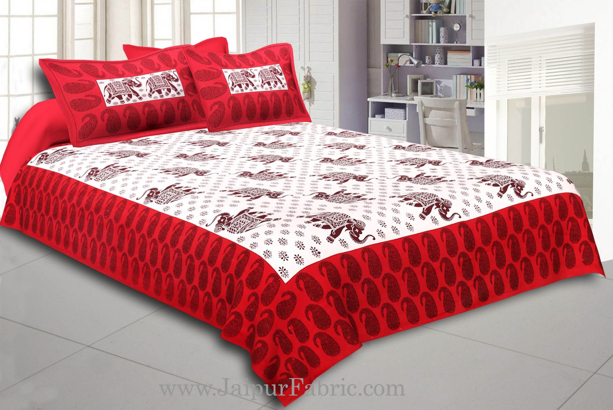 Maroon Border With Paisley Cream Base Elephant Print Cotton Double Bed ...