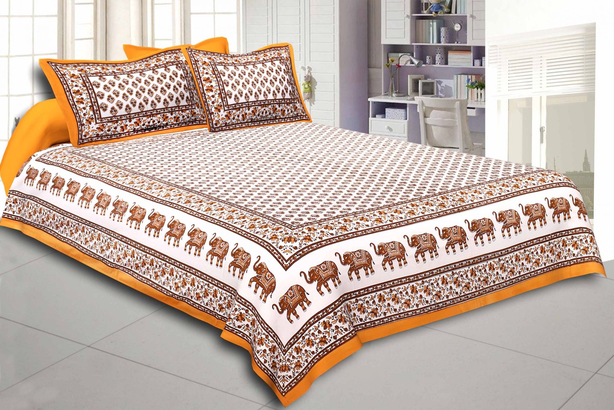 Brown Border White Base Bell And Elephant Border Small Booti Print Cot ...