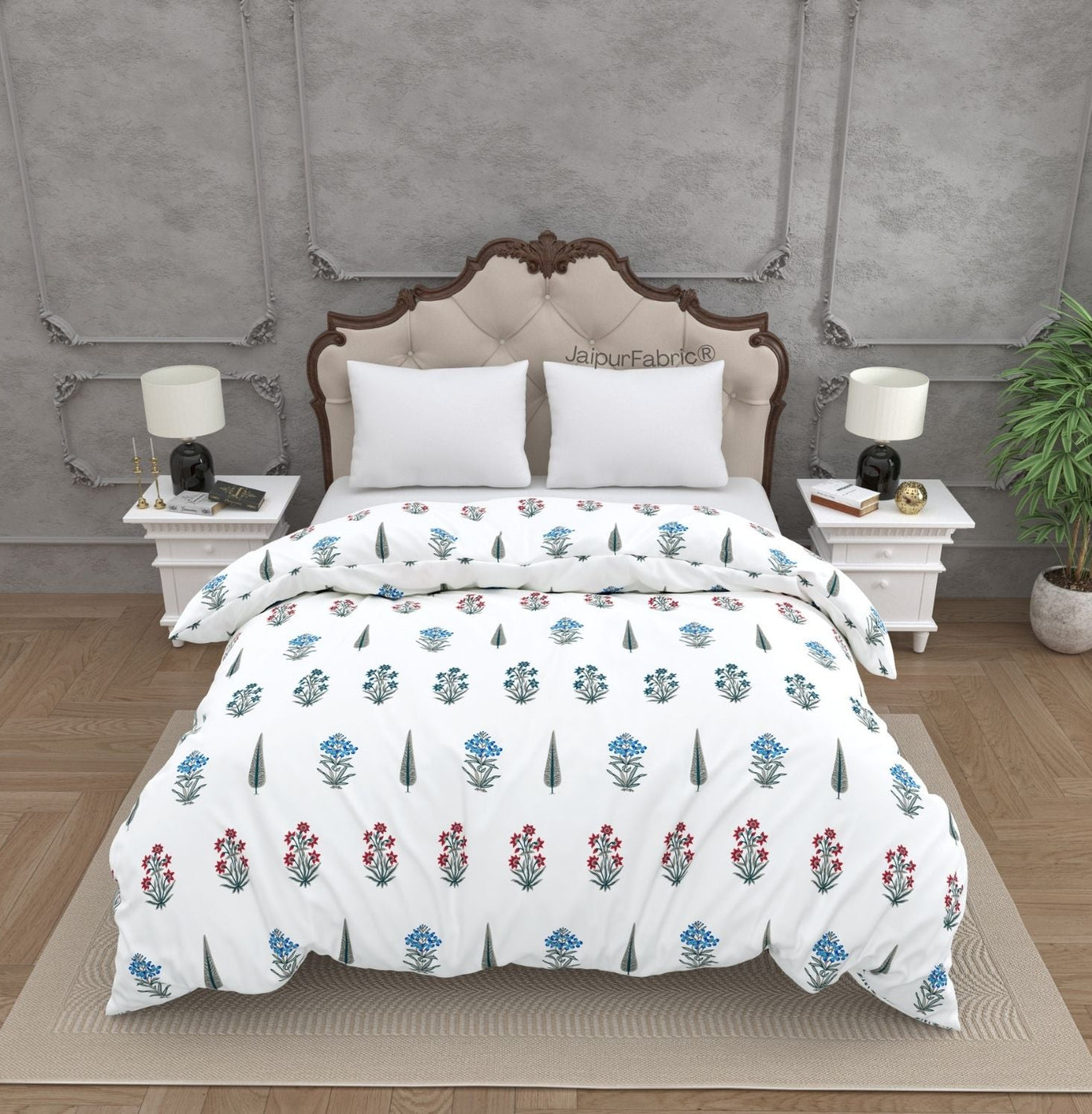India Blocks of Red Blue Flowers Grey Leaves Block Printed Double Bed ...