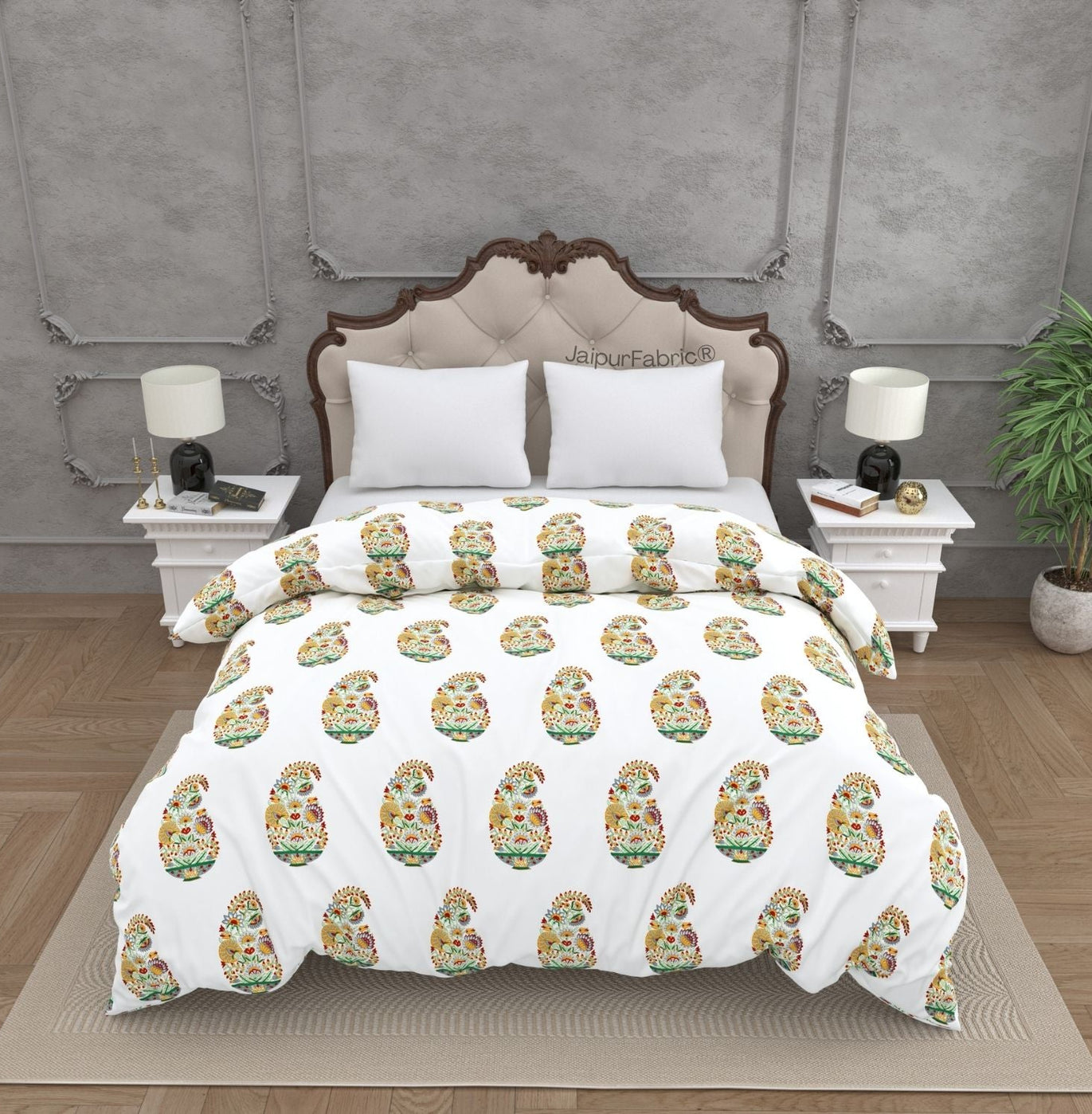 Hand Block Printed Double Bed Quilt Floral Valley Bunai Pattern Indian ...