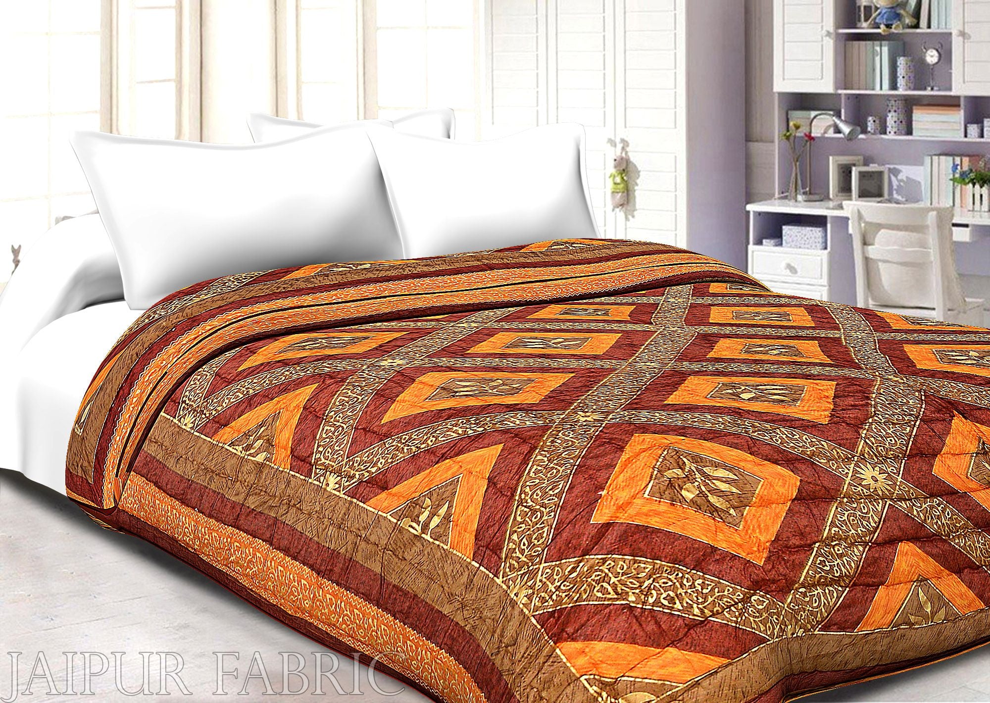 Orange And Rust Checks Base Golden Print Fine Cotton Double Quilt ...